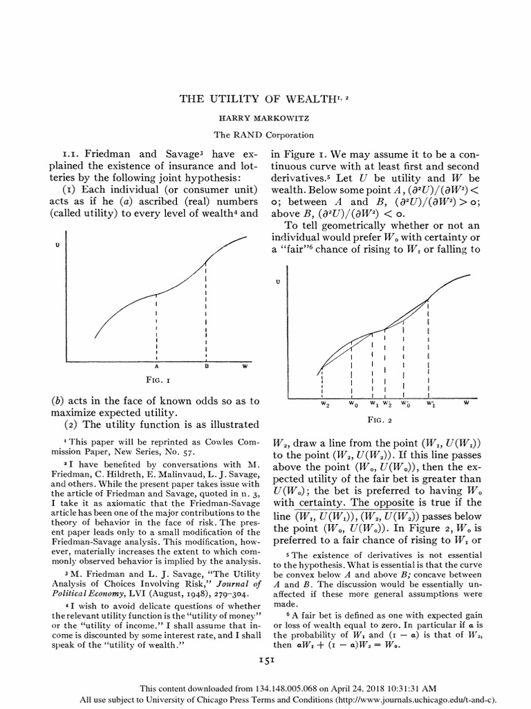 (1952) Markowitz, H. - The Utility of Wealth | PDF | Utility | Gambling