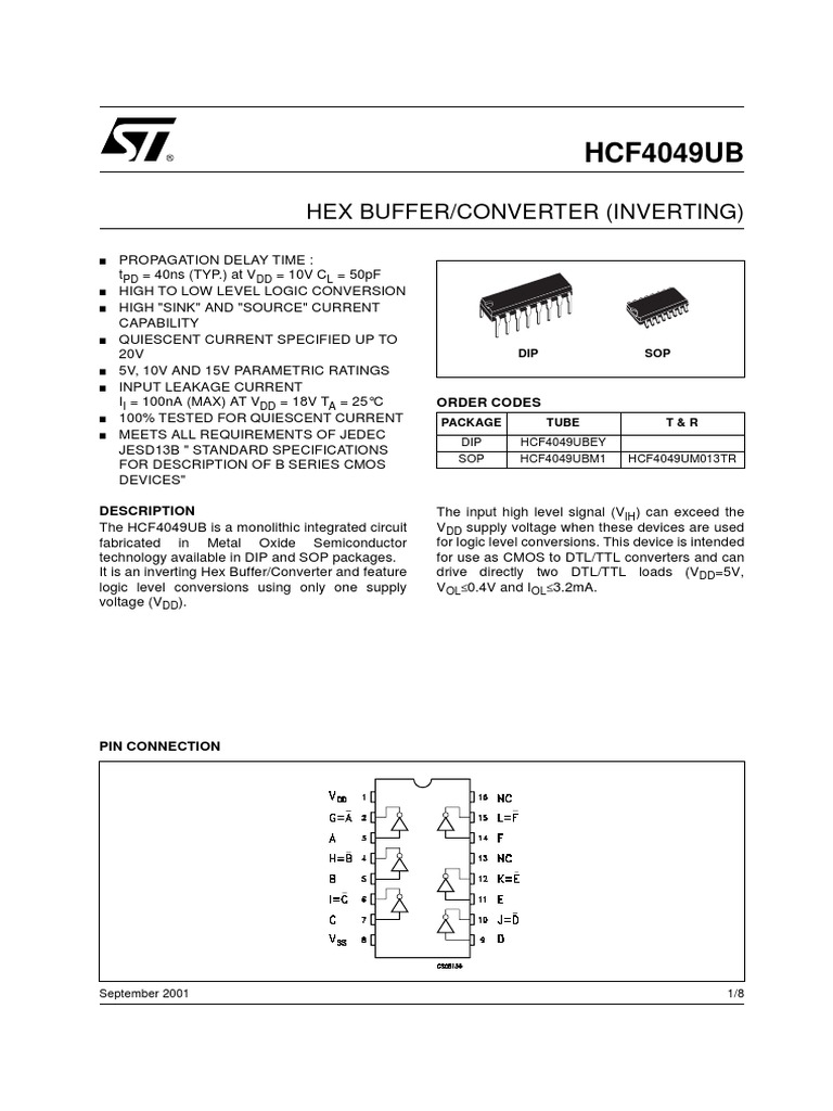 HCF4049UB: Hex Buffer/Converter (Inverting) | PDF | Logic Gate | Cmos