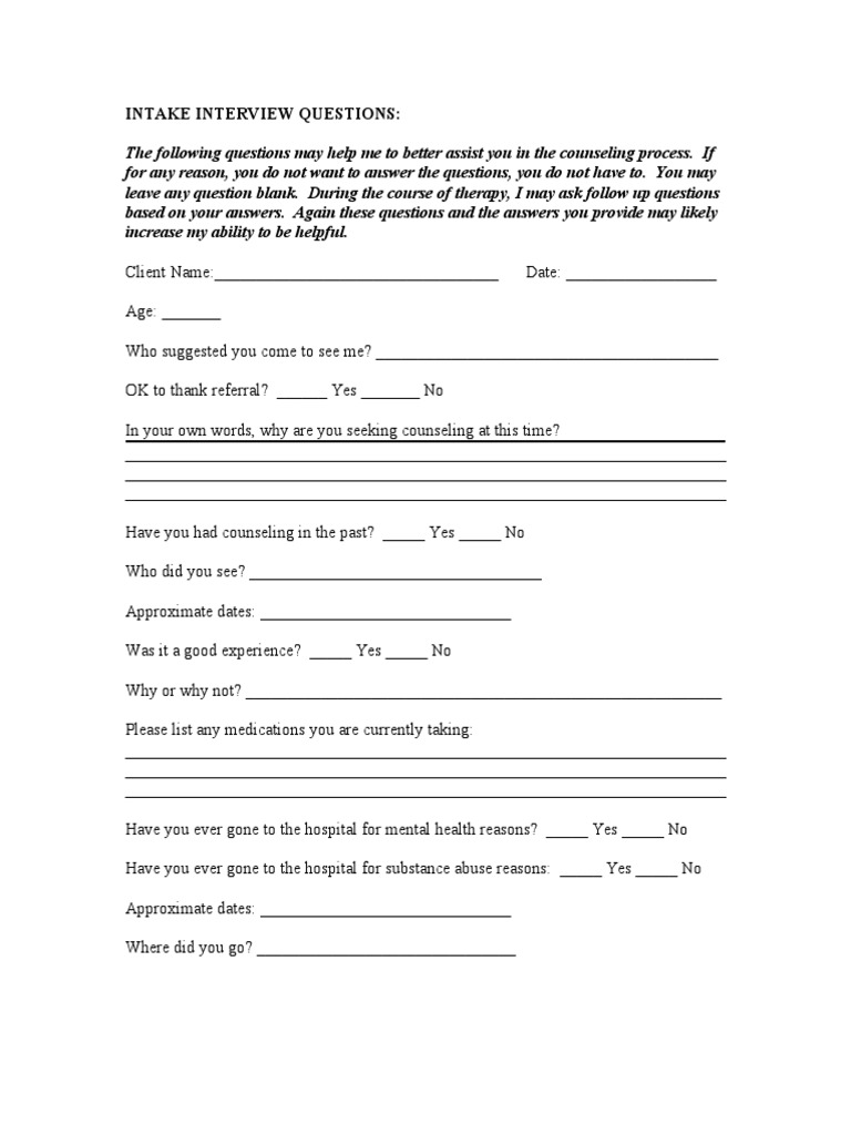 Intake Interview Questions for Counseling | PDF | Psychotherapy ...