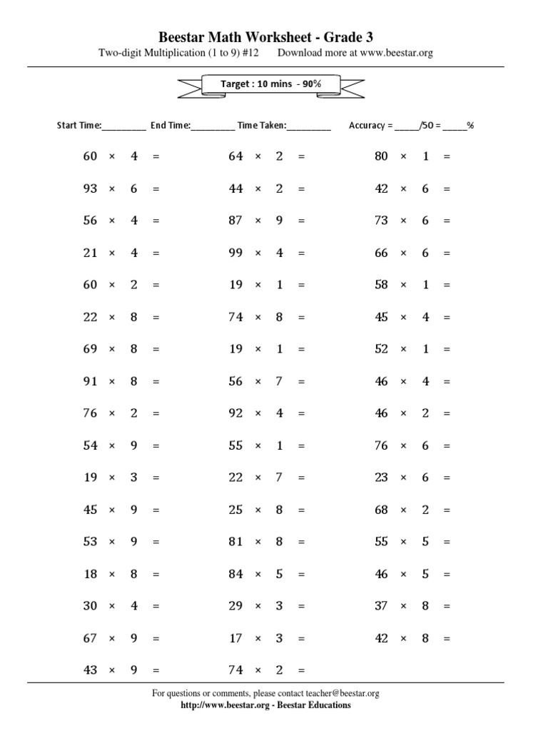 Beestar Math Worksheet - Grade 3: Target: 10 Mins - 90% | PDF