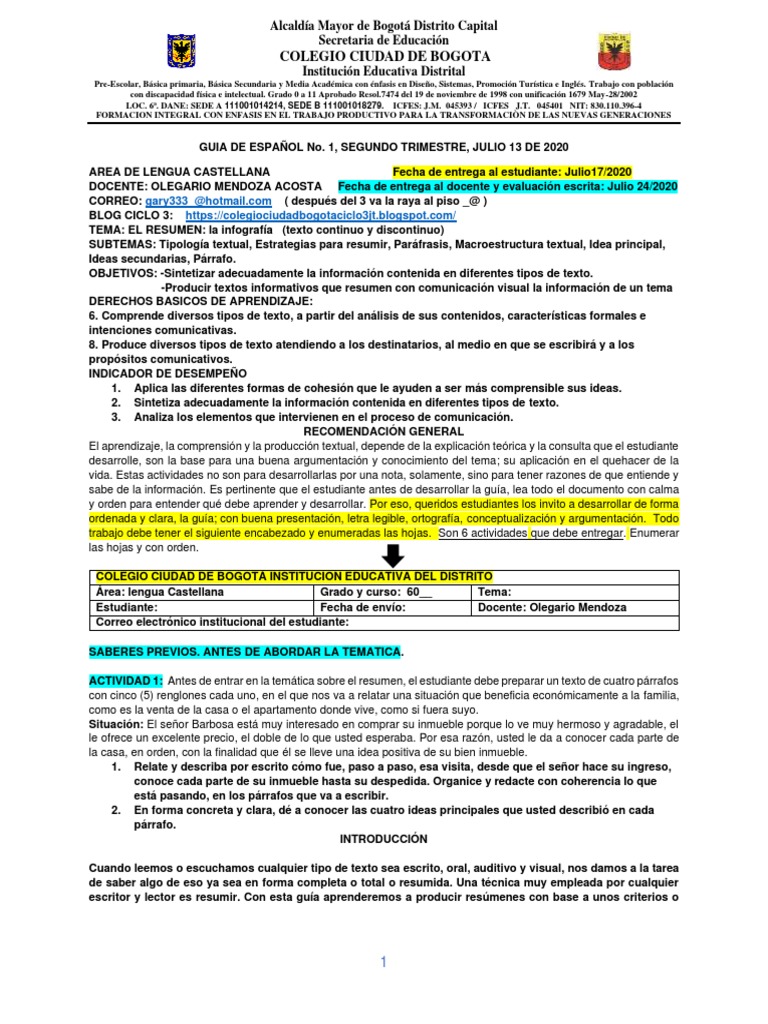 GUIA DE ESPAÑOL No 1 Resumen y Infografia | PDF | Infografia | Cognición
