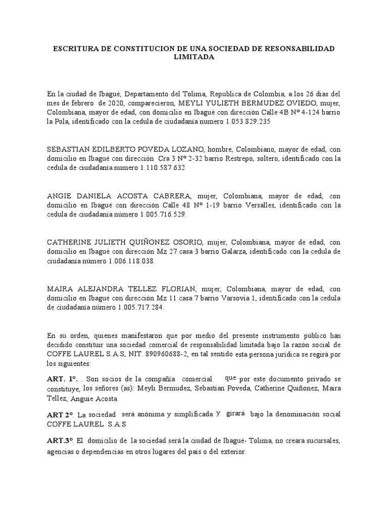 Escritura de Constitucion de Una Sociedad de Resonsabilidad Limitada | PDF | Sociedad de ...