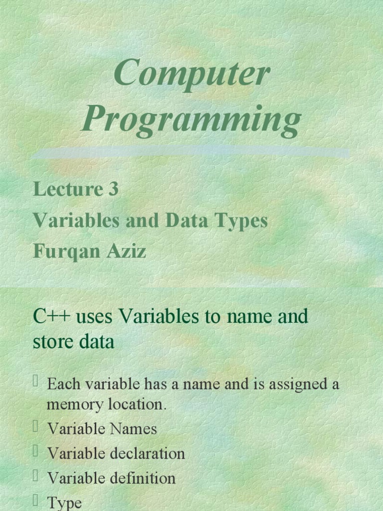 Computer Programming Variables And Data Types Furqan Aziz Pdf Integer Computer Science