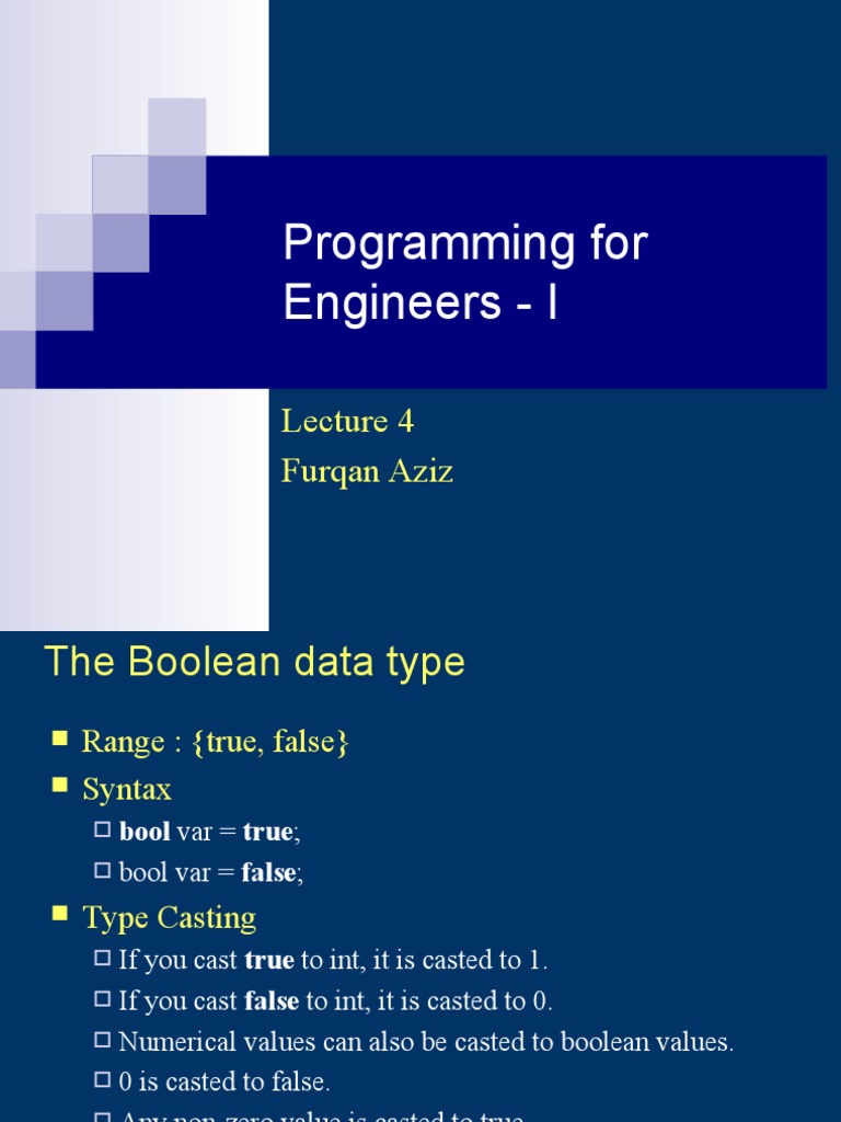 Programming For Engineers - I: Furqan Aziz | PDF | Boolean Data Type | Metalogic