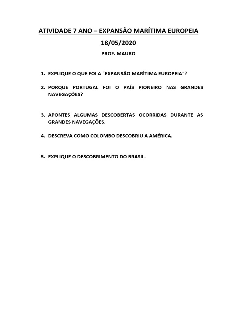 Atividade 7 Ano Expansão Marítima Europeia PDF | PDF