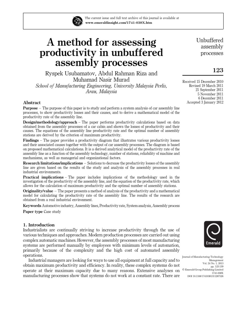 A Method For Assessing Productivity in Unbuffered Assembly Processes | PDF | Reliability ...