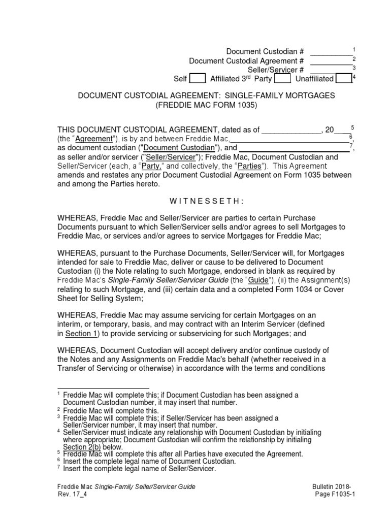 Freddie Mac Custodian Agreement | PDF | Uniform Commercial Code | Indemnity