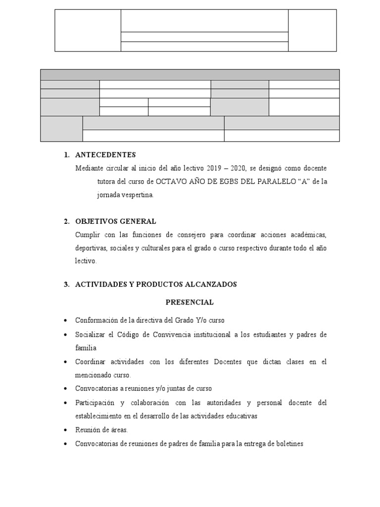 Informe anual de actividades realizadas como docente tutor del curso de octavo año de EGBS del ...