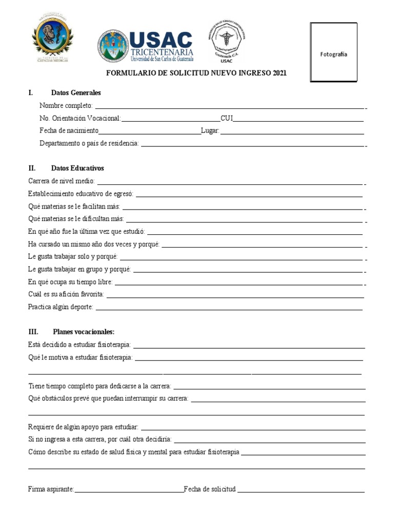 Formulario Solicitud de Nuevo Ingreso | PDF