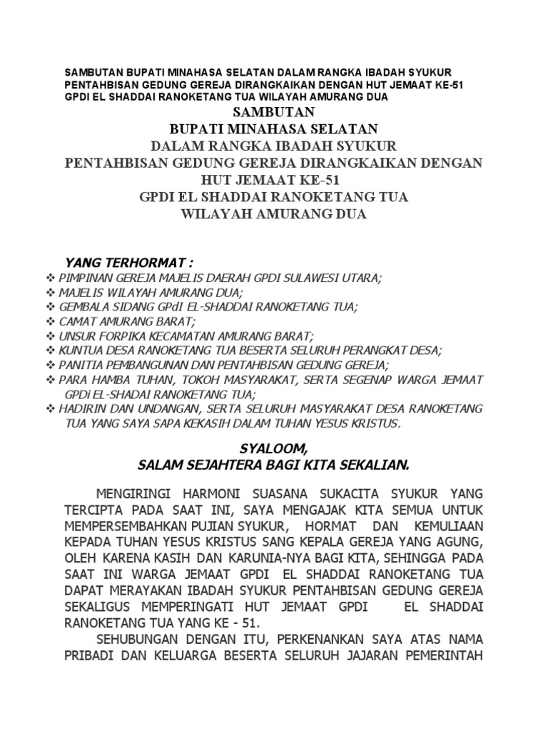 Contoh Sambutan Peresmian Gereja | PDF