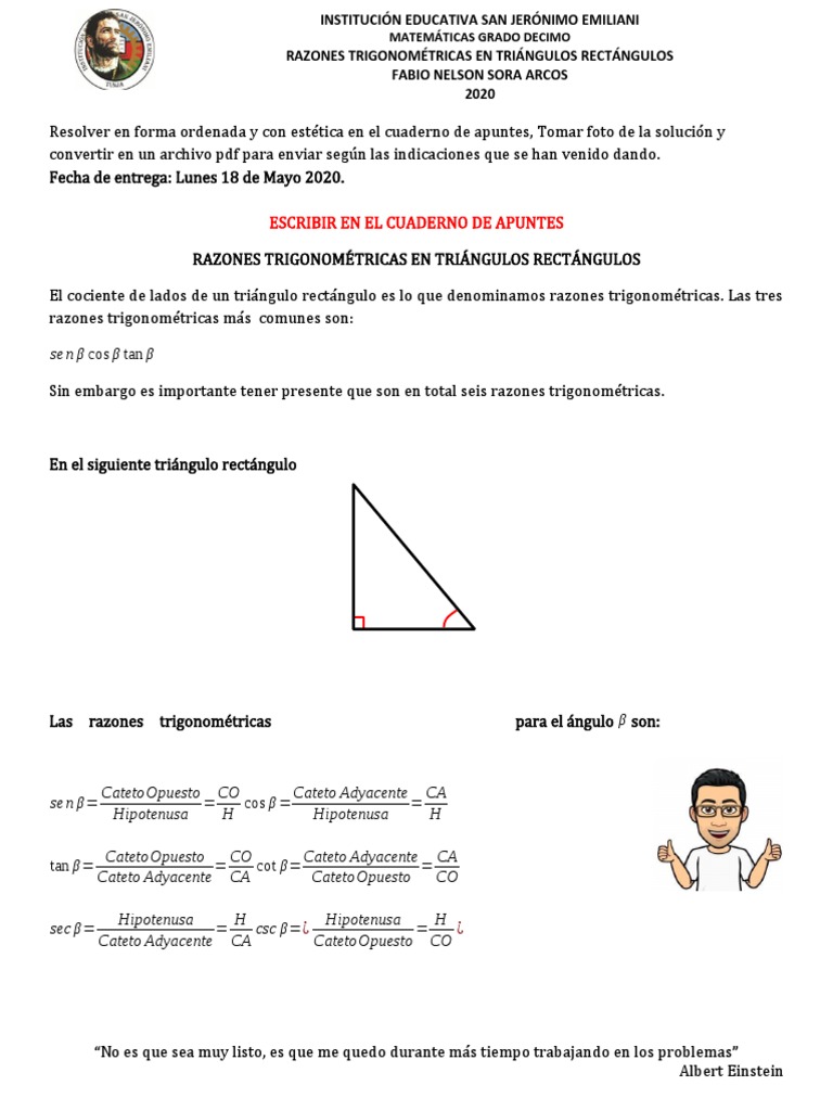 Taller Razones Trigonometricas en Triangulos Rectangulos | PDF | Funciones trigonométricas ...