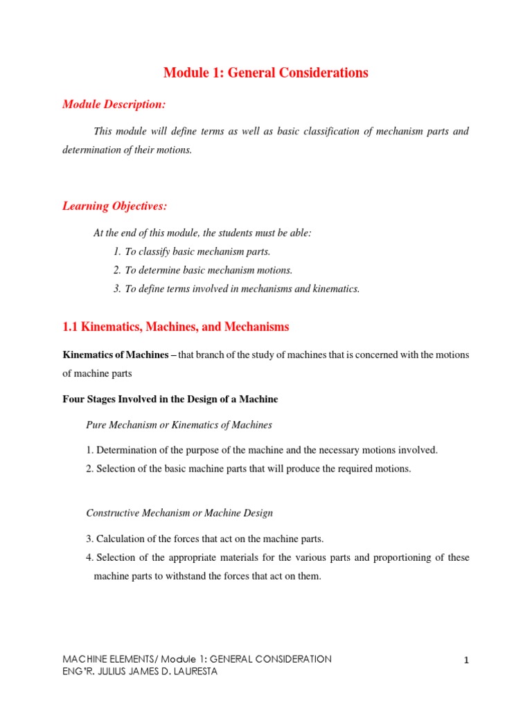 Machine Elements - Module 1 PDF | PDF | Machines | Kinematics