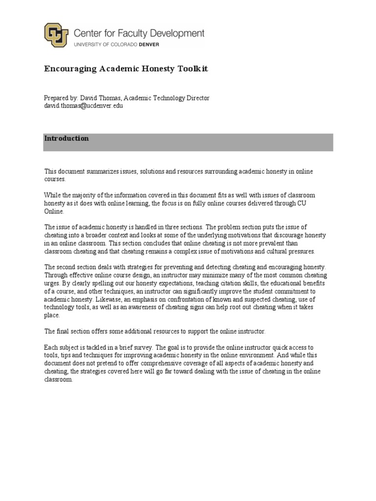 Encouraging Academic Honesty Toolkit | PDF | Academic Dishonesty ...