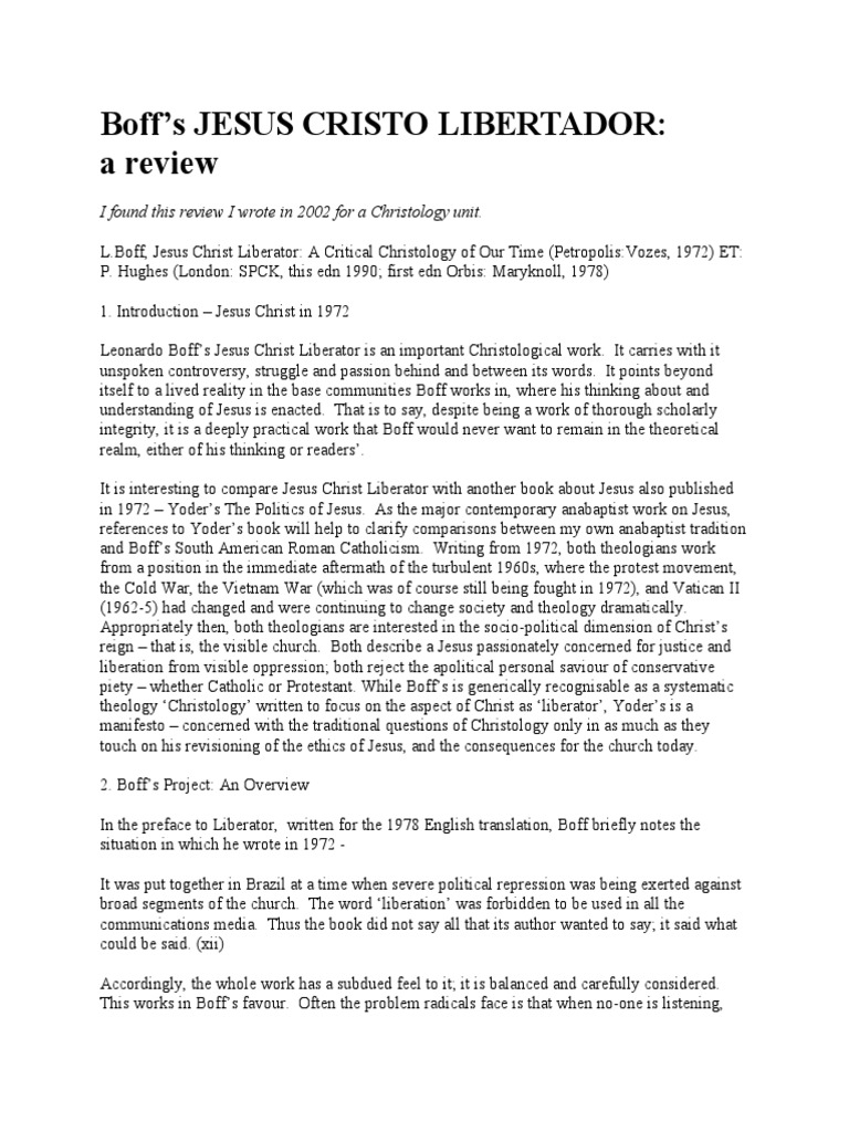Boff'S Jesus Cristo Libertador: A Review: I Found This Review I Wrote ...
