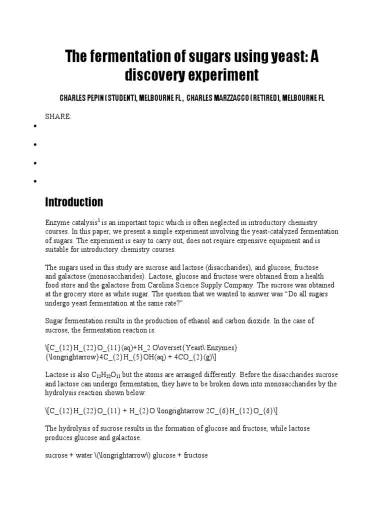 The Fermentation of Sugars Using Yeast | PDF | Sucrose | Fructose