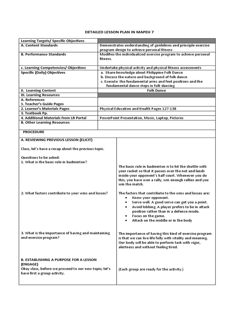 Detailed Lesson Plan in Mapeh | PDF | Foot | Dances