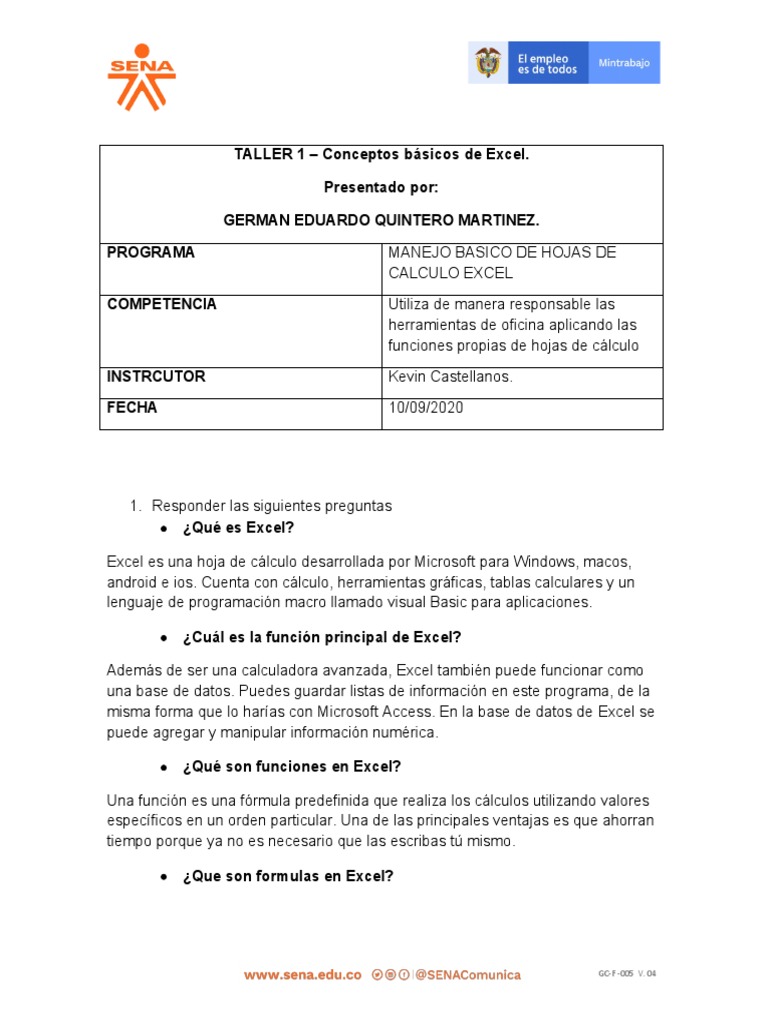Taller 1 - Conceptos básicos Excel | PDF | Microsoft Excel | Hoja de cálculo