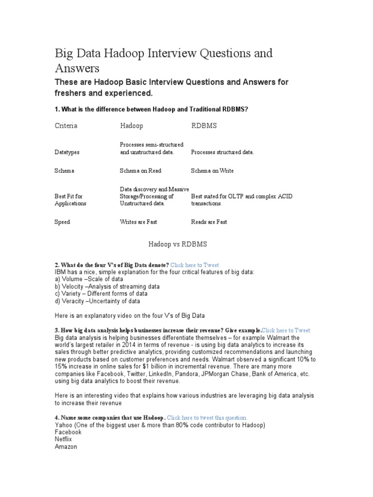 Big Data Hadoop Interview Questions and Answers | PDF | Apache Hadoop ...