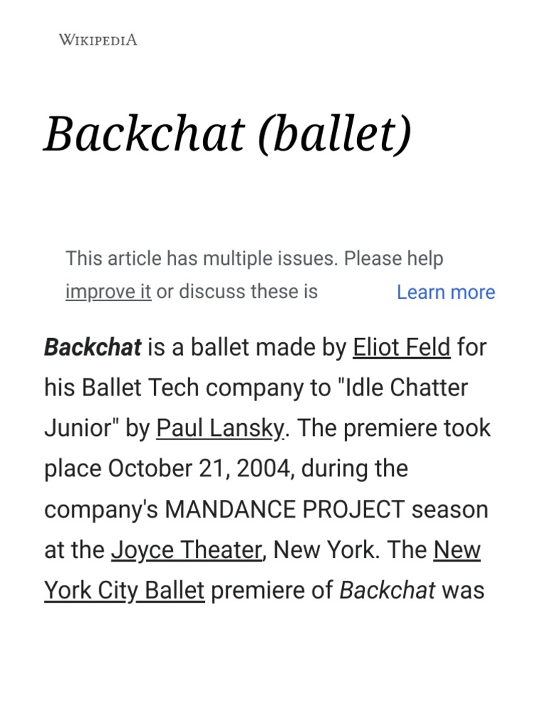 Backchat (Ballet) : Backchat Is A Ballet Made by Eliot Feld For | PDF