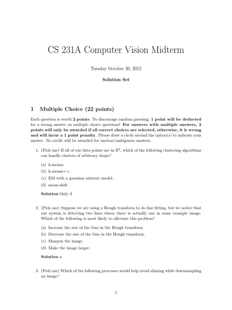 CS 231A Computer Vision Midterm: 1 Multiple Choice (22 Points) | PDF ... CS 231A Computer Vision Midterm: 1 Multiple Choice (22 Points) | PDF ...