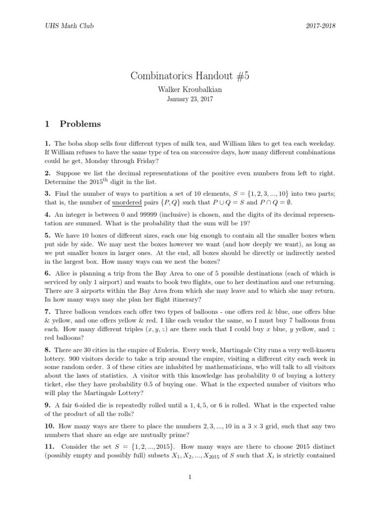 Combinatorics Handout #5: 1 Problems | PDF | Probability Distribution ...