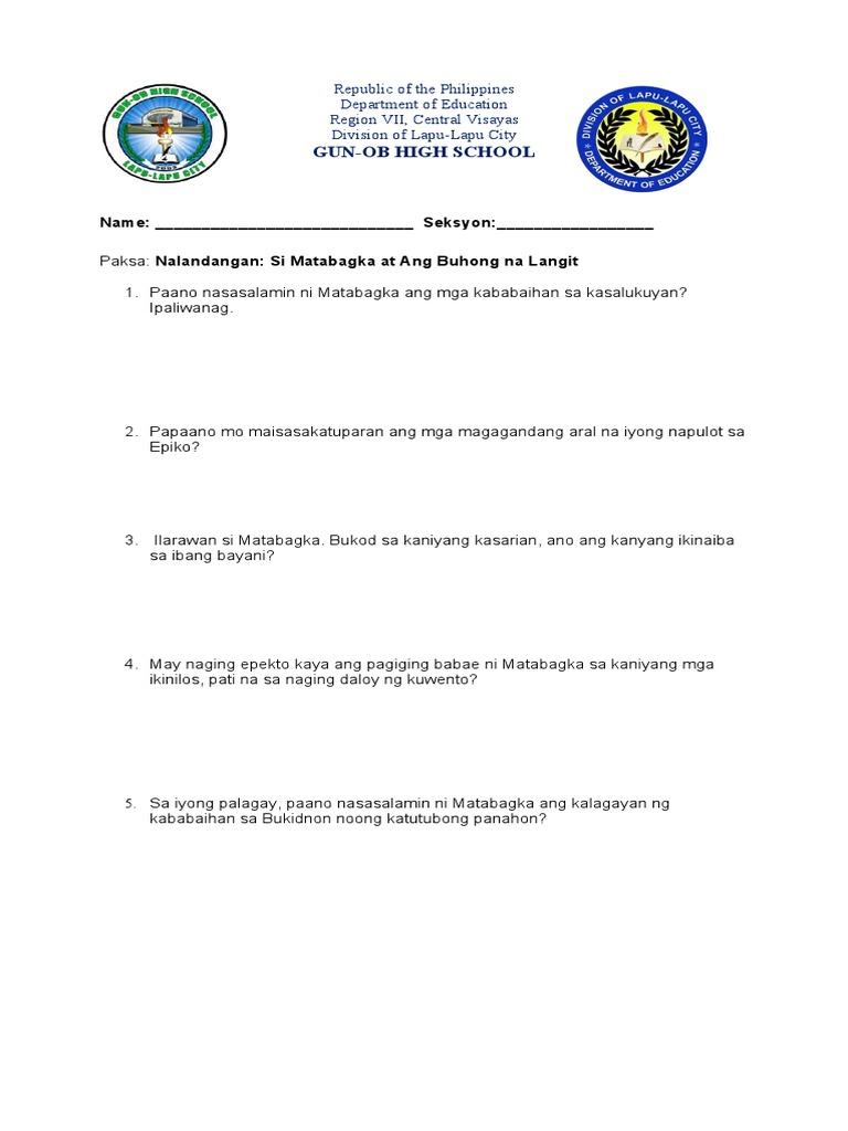 ANSWER SHEET Nalandangan Si Matabagka at Ang Buhong Na Langit | PDF