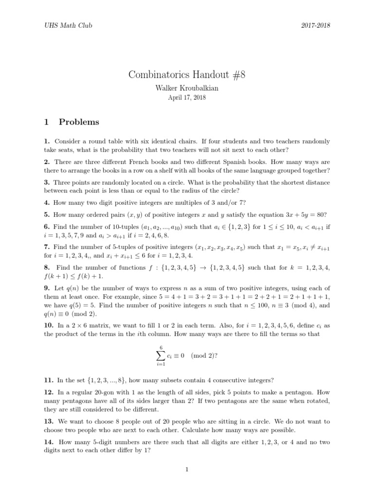 Combinatorics Handout #8: 1 Problems | Download Free PDF | Teaching Mathematics | Mathematical ...
