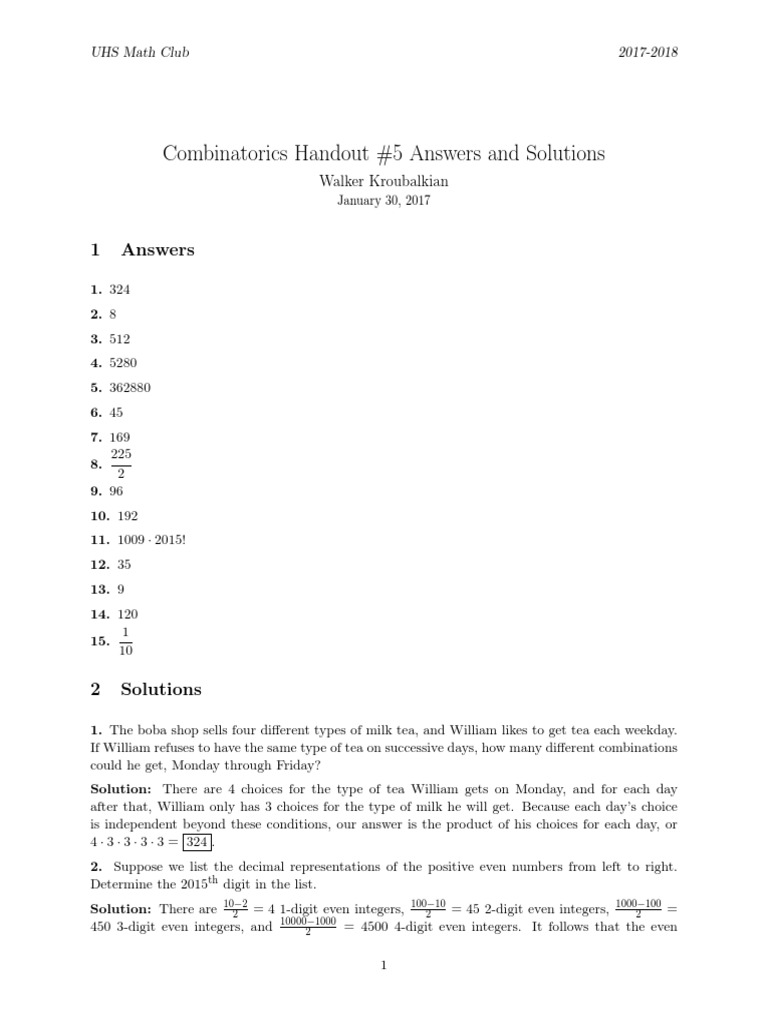 Combinatorics 5 Solutions UHSMC | PDF | Numbers | Probability Distribution