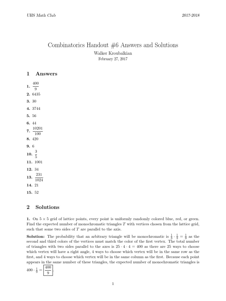 Combinatorics 6 Solutions UHSMC | PDF | Expected Value | Numbers