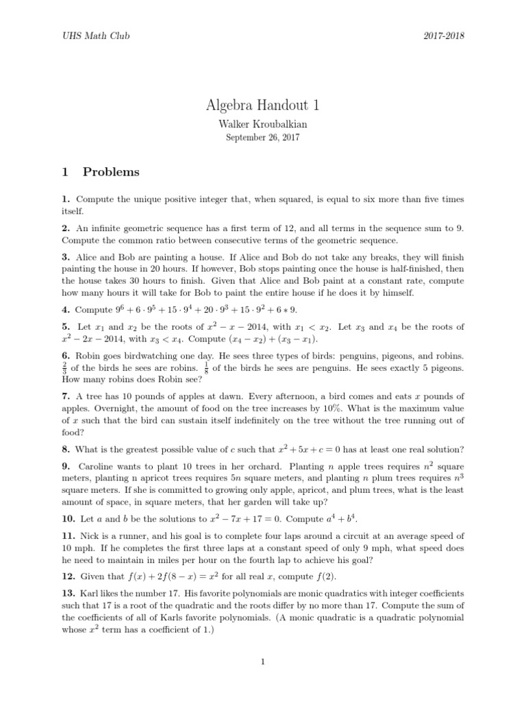 Algebra Handout 1: 1 Problems | PDF | Quadratic Equation | Polynomial