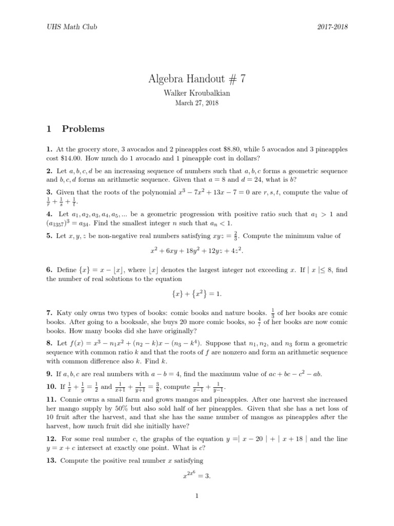 Algebra Handout # 7: 1 Problems | PDF | Numbers | Teaching Mathematics