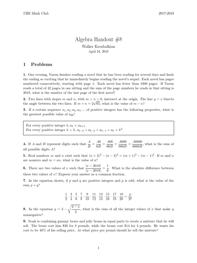 Algebra Handout #8: 1 Problems | PDF | Mathematical Concepts | Teaching Mathematics