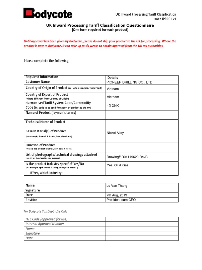 IPR Tariff Classification Questionnaire IPR001 v1 | PDF