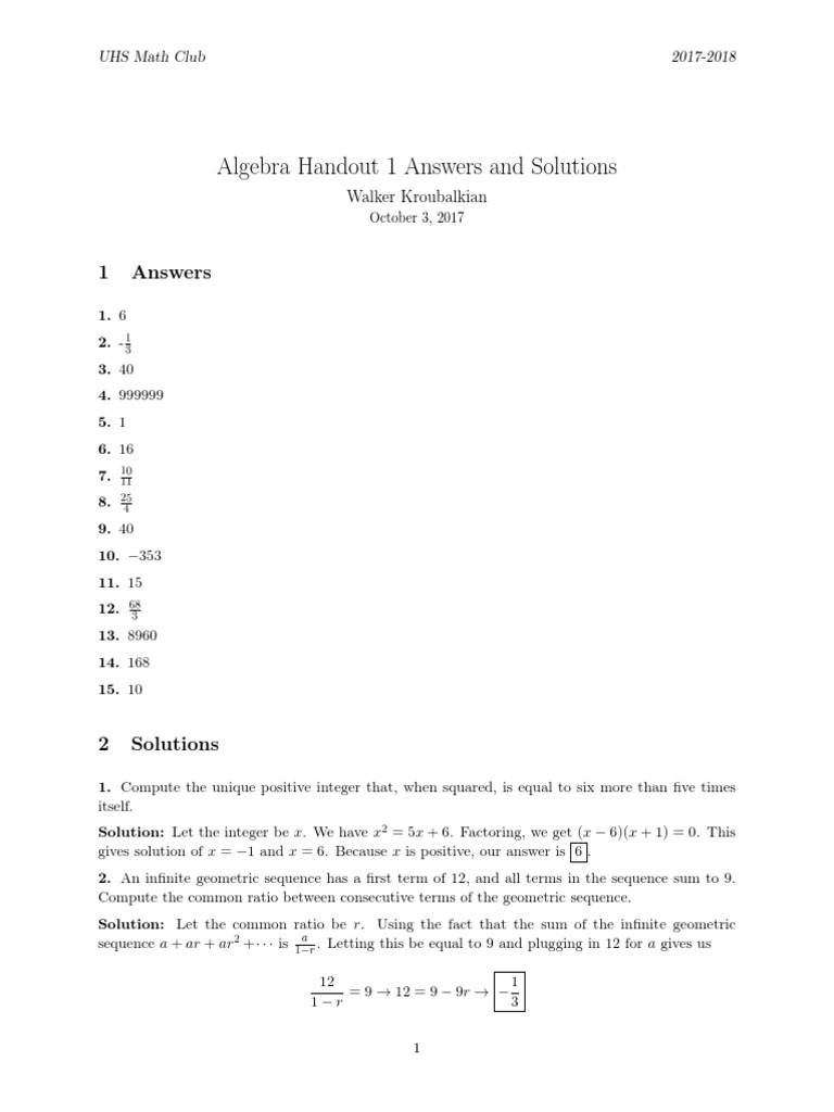 Algebra Handout 1 Answers and Solutions | PDF | Quadratic Equation ...