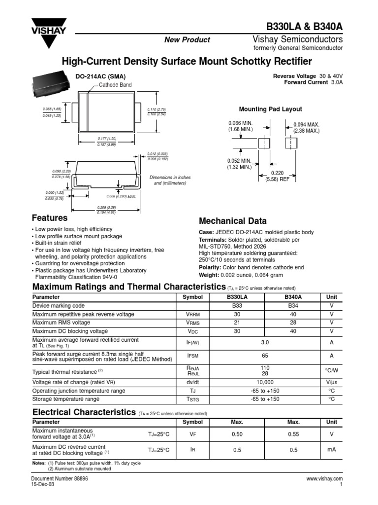 B330LA & B340A: Features Mechanical Data | PDF | Rectifier | Electric Power