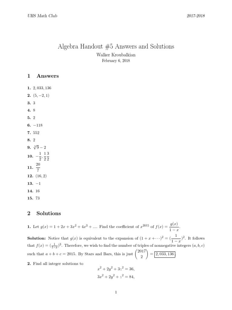 Algebra Handout #5 Answers and Solutions | PDF | Numbers | Discrete ...