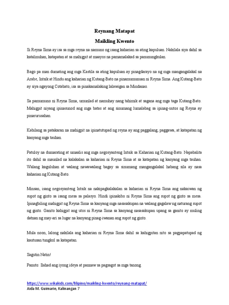 Reynang Matapat Maikling Kuwento - Grade 7 | PDF