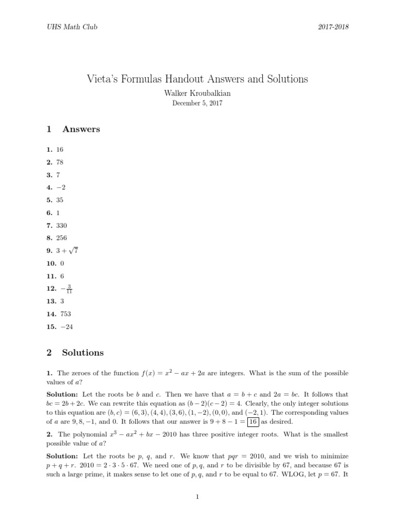 Vieta's Formulas Handout Answers and Solutions | PDF | Quadratic ...