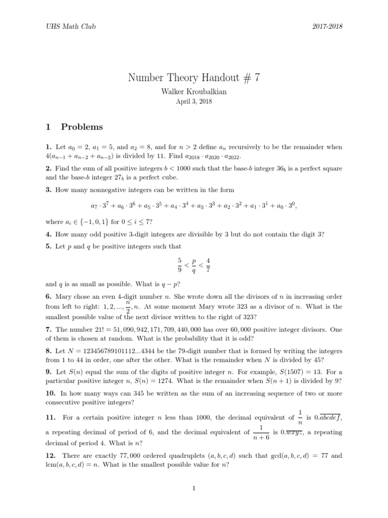 UHS Math Club Number Theory Problems | PDF | Decimal | Numbers