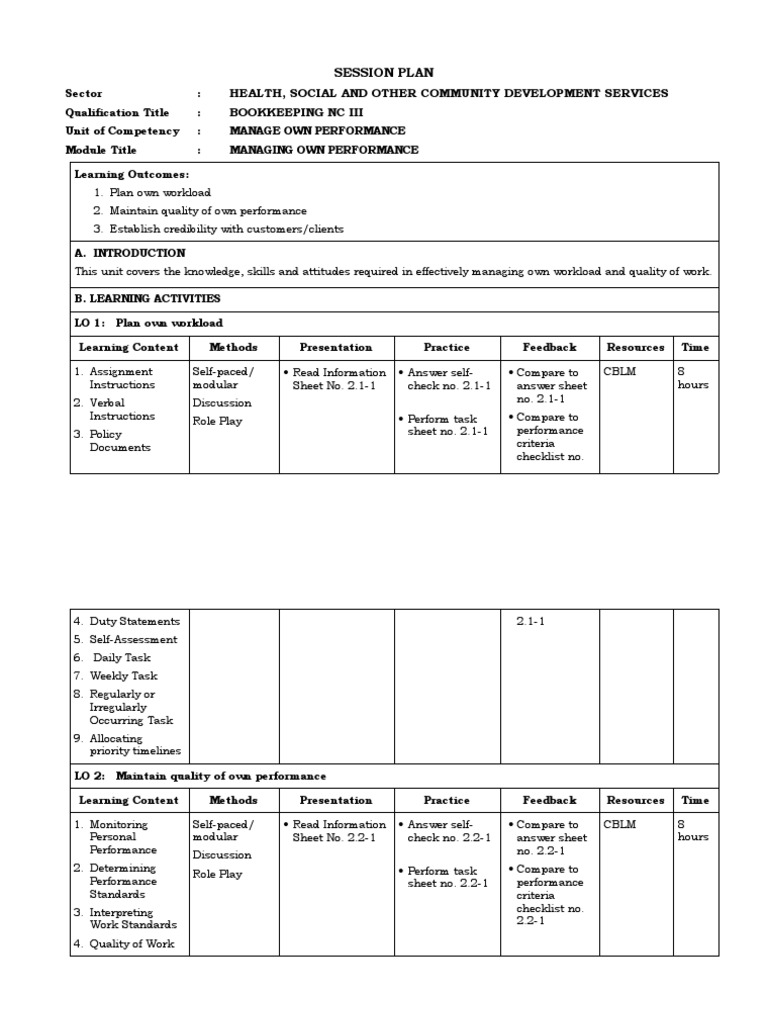 Session Plan: Health, Social and Other Community Development Services ...