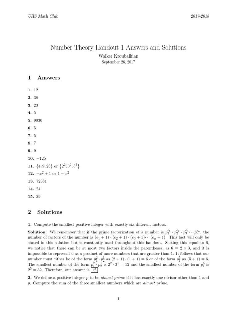 Number Theory 1 Solutions UHSMC | PDF | Polynomial | Numbers