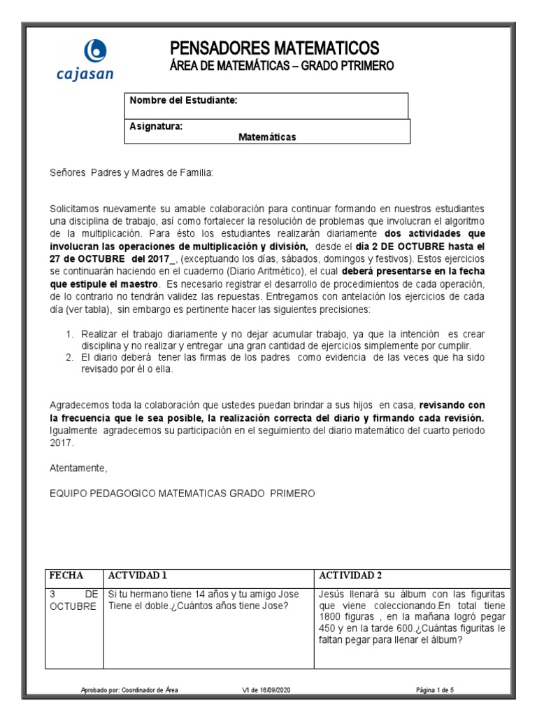 Diario Matemático No 2 - Multiplicación y División - PENSAMIENTO ...