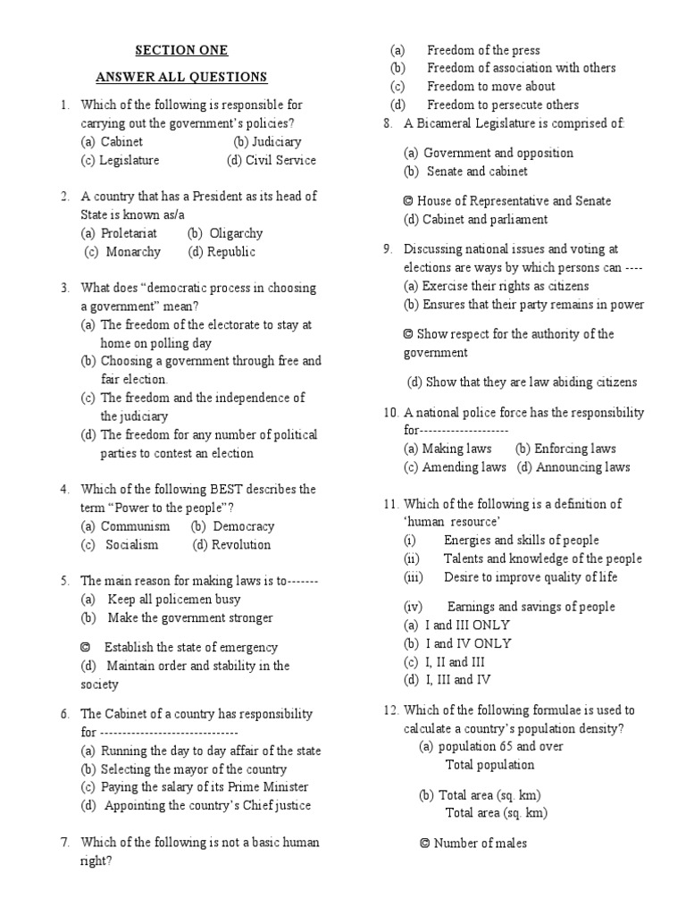 Multiple Choice Grade Ten | PDF | Elections | Democracy