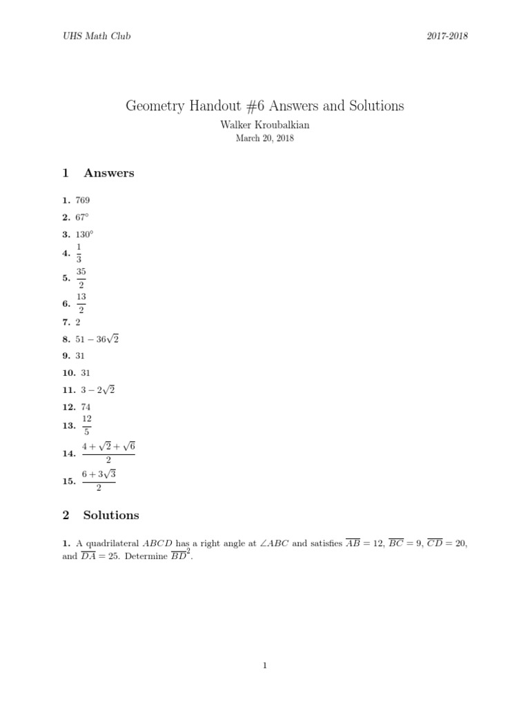 Geometry Handout #6 Answers and Solutions | PDF | Triangle | Area
