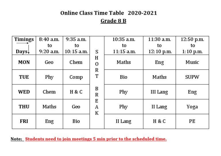 Online Class Time Table 2020-2021 Grade 8 B: Timings Days MON TUE WED ...