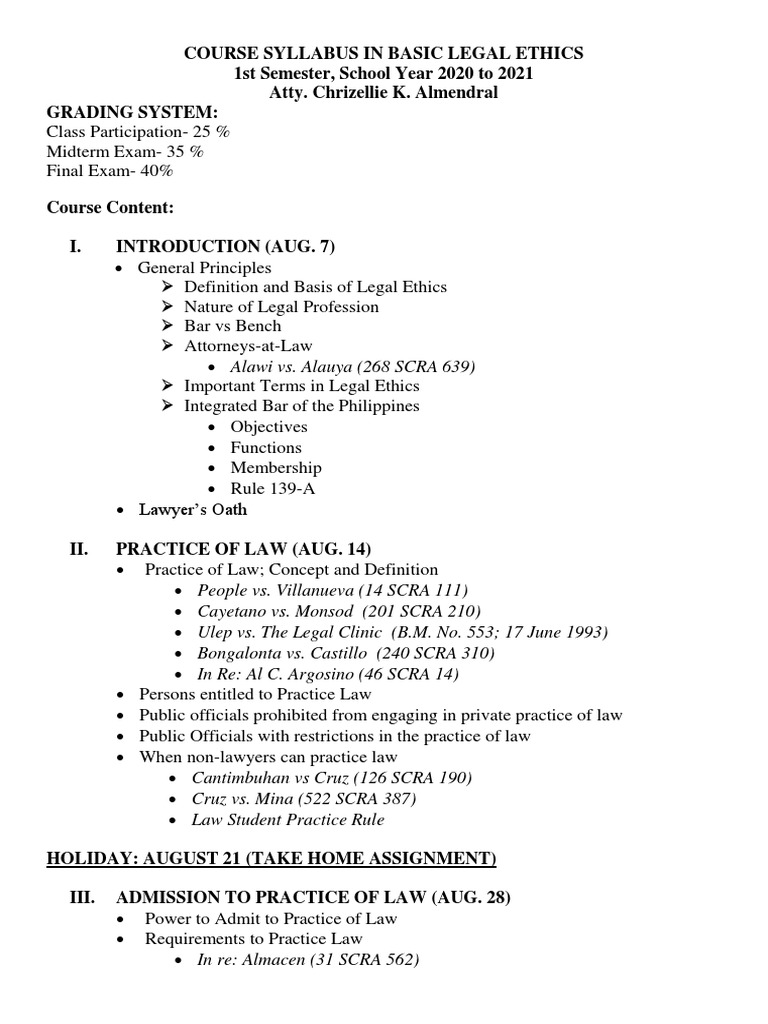 Course Syllabus in Basic Legal Ethics | PDF | Practice Of Law | Lawyer