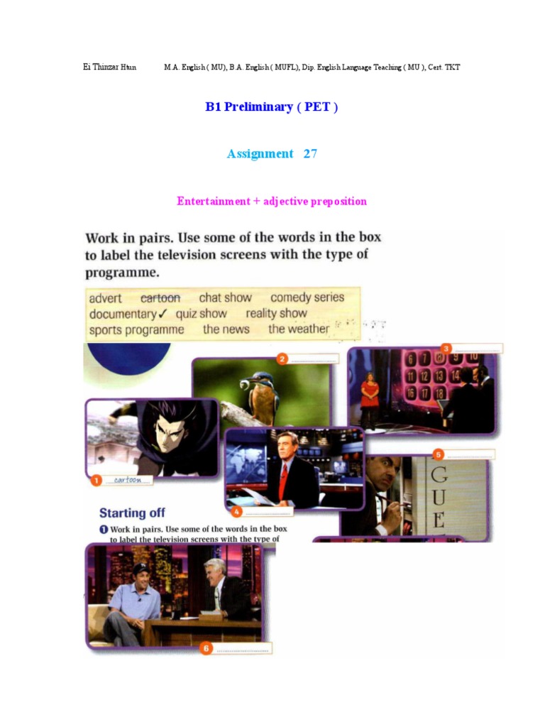 B1 Preliminary (PET) Assignment - 27 - Entertainment Adj Prep by Ei ...