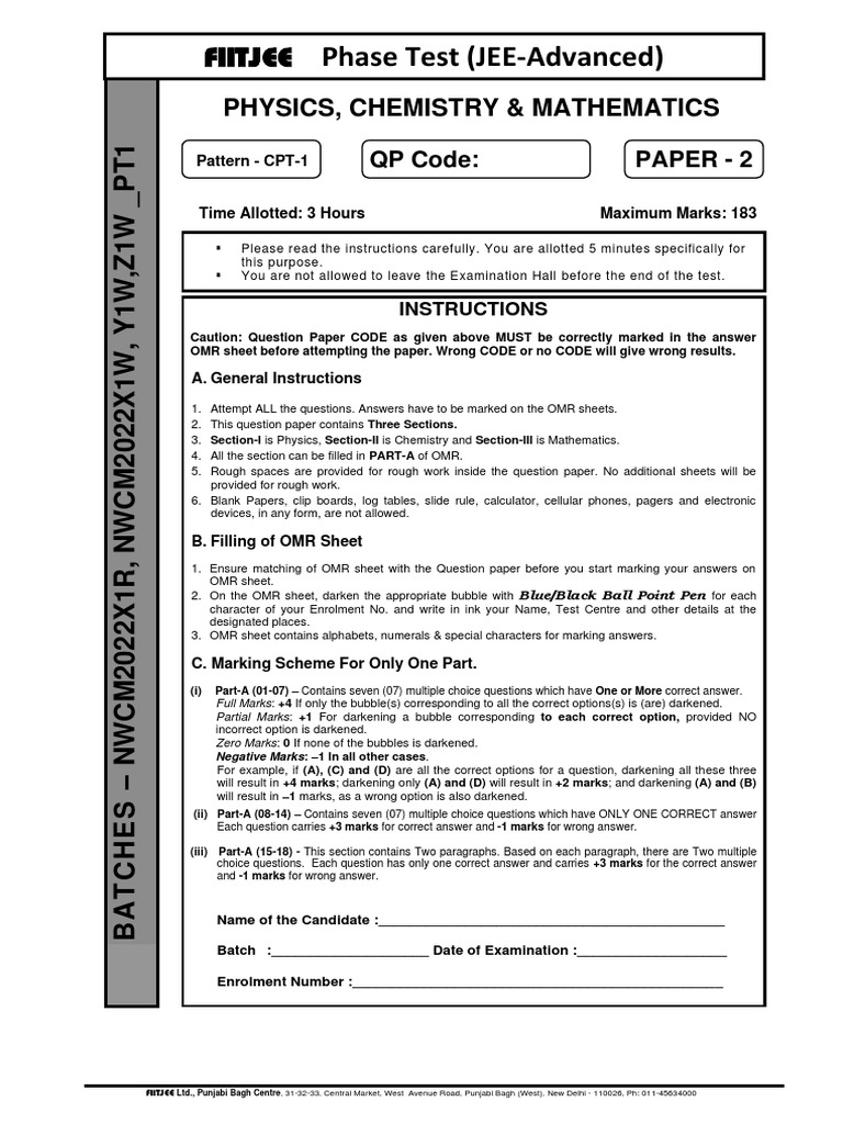 FIITJEE - Phase Test (JEE-Advanced) : Physics, Chemistry & Mathematics ...