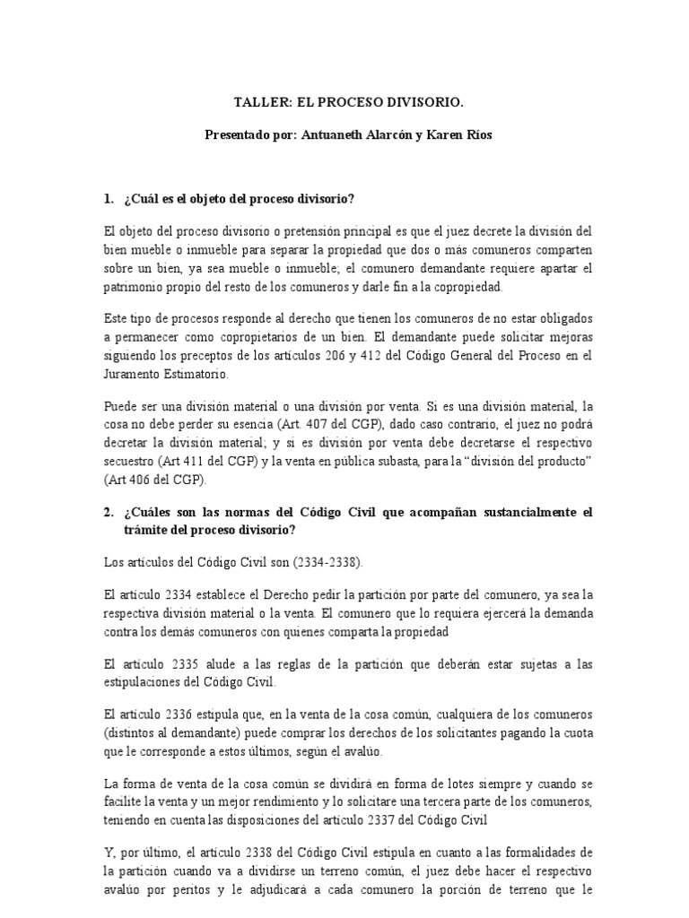 Taller El Proceso Divisorio | PDF | Propiedad | Responsabilidad