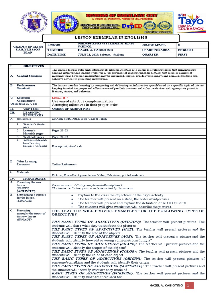 Adjectives-Daily Lesson Plan | PDF | Differentiated Instruction | Adjective